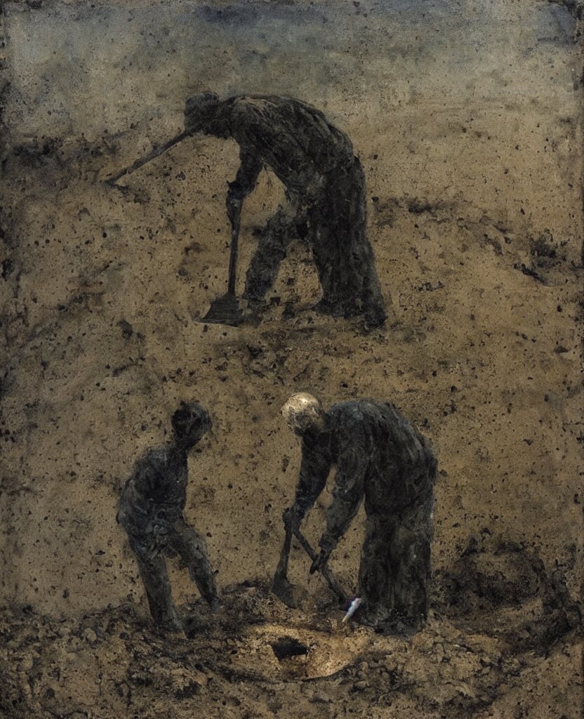 Lexica - A man with a shovel standing digging up a grave with a ...