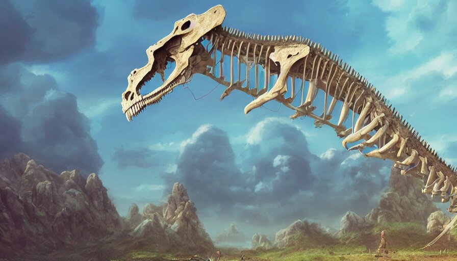 Lexica - A highly detailed matte painting of the huge dinosaur skeleton ...