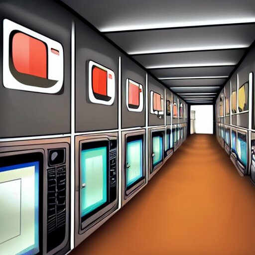 Lexica - A hallway including an apple lisa, commodore 6 4, ibm pc, nes ...