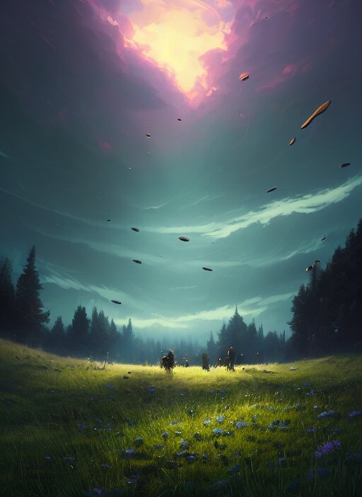 Lexica - Midnight, meadows on hills, blue flowers bloomed all over ...