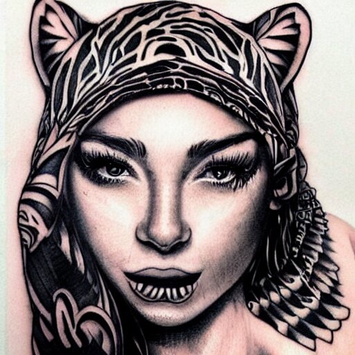 tattoo design of a beautiful girl face, the girl is wearing a ti ...