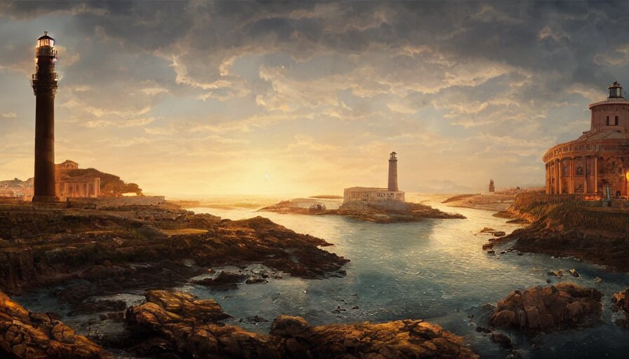 Lexica - Ancient city of Rome with a lighthouse near the shore and a ...