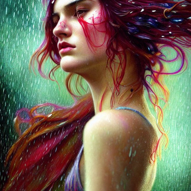 Lexica - Bright portrait LSD rain on face and wet hair, diffuse ...