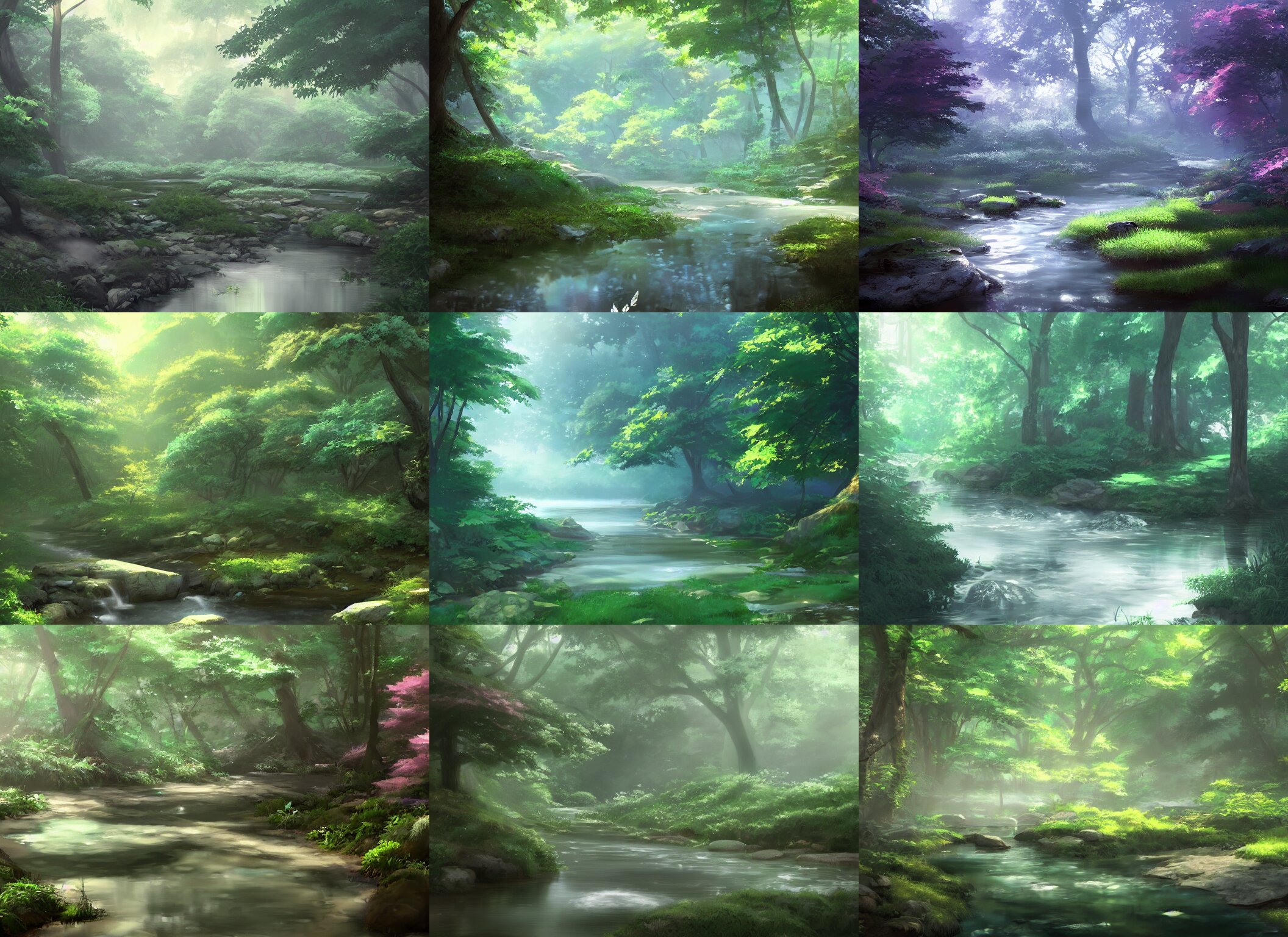 Lexica - A serene babbling brook in a tranquil misty forest, anime ...