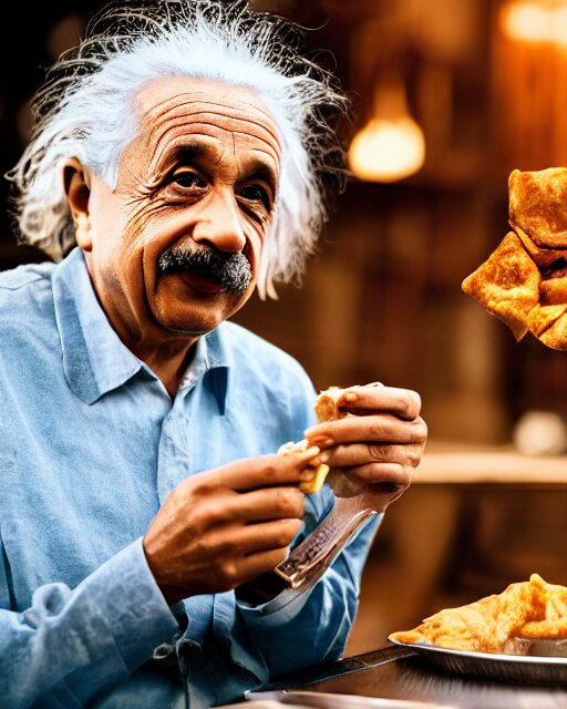 Lexica - A photo of Albert Einstein eating Samosas, highly detailed ...