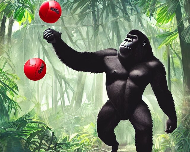 Lexica - A gorilla holding a volleyball and playing volleyball in a jungle, volleyball net ...