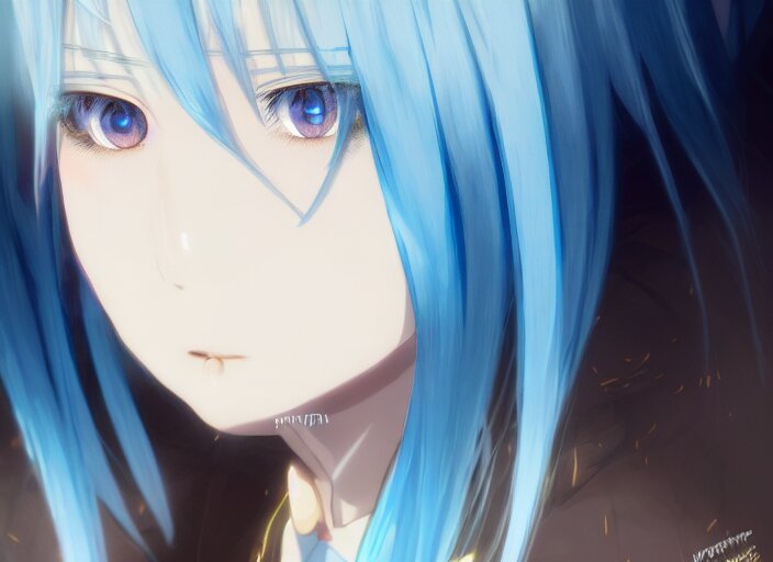 Lexica - Rimuru tempest winking, sky blue straight hair, bangs, with ...