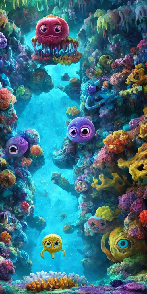 Lexica - Of a colorful under water cave with strange cute friendly ...