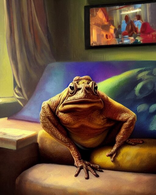 Lexica - Hyper realistic oil painting of toad watching a tv movie chill ...