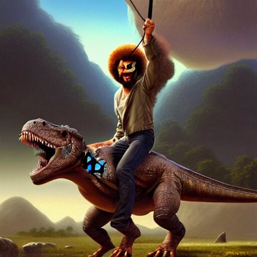 Lexica - Bob ross!!! riding! a dinosaur, giant afro, model pose, ultra ...