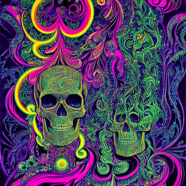 psychedelic skull infinite fractal worlds bright neon colors hig... - Arthub.ai
