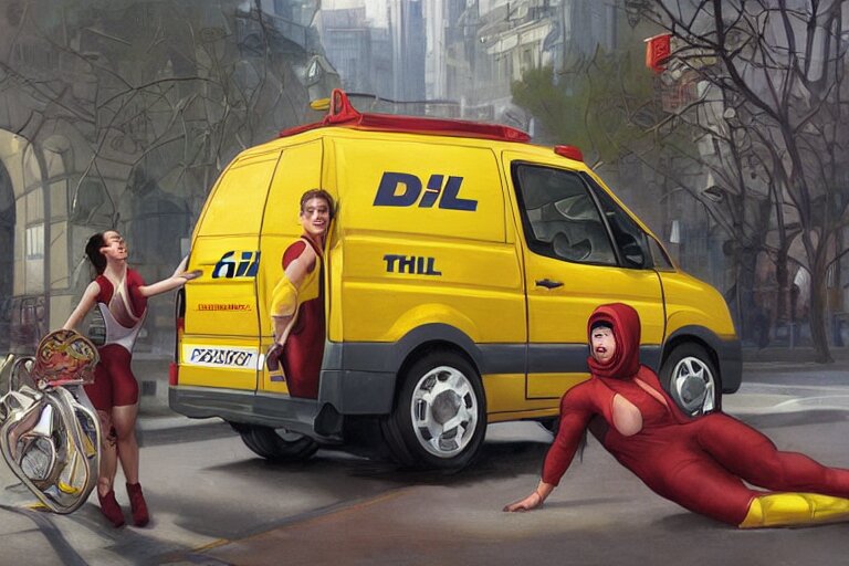 Lexica - Portrait of dhl courier wrestling with a girl in dhl van ...
