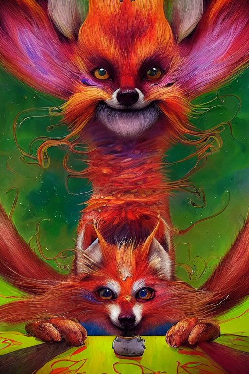 Lexica - 3 d model of a vibrant colored kitsune with long fur and large ...