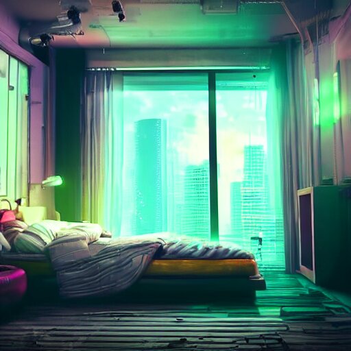 « inside a girl room, cyberpunk vibe, neon glowing lights, sharp ...