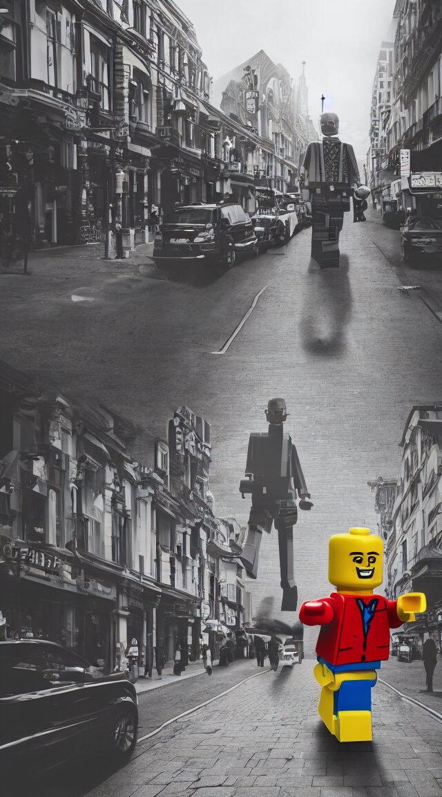 hyperrealistic giant lego man walking through street, street vie ...