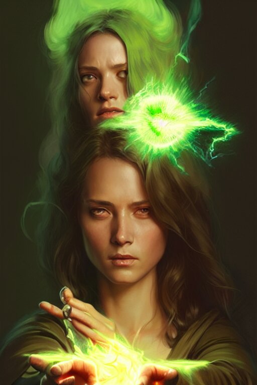 a female wizard casting a green fireball | | pencil sketch, real ...