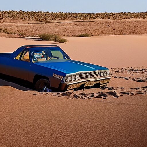 Lexica - A chevy el camino, stuck in sand, in the desert, dunes