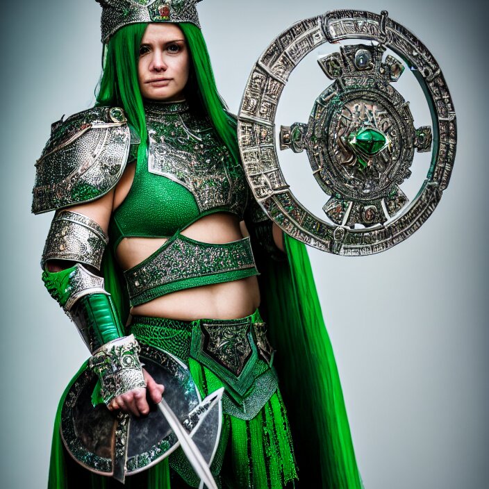 Lexica - Full length photo of a beautiful strong warrior queen wearing emerald encrusted armour ...
