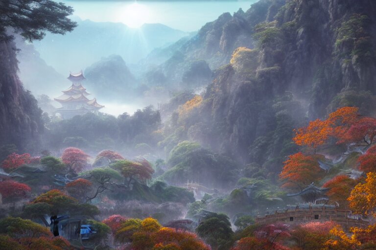 A large glowing Chinese temple, daybreak morning lighting, amazi ...