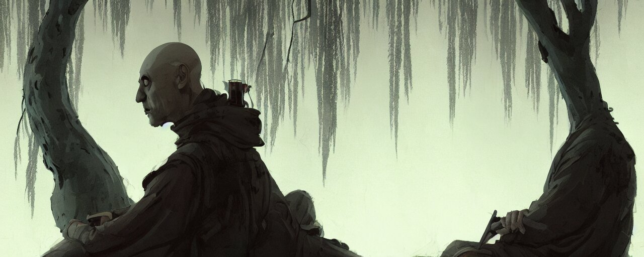 Lexica - Duotone noir illustration close up of bald merchant demon ...