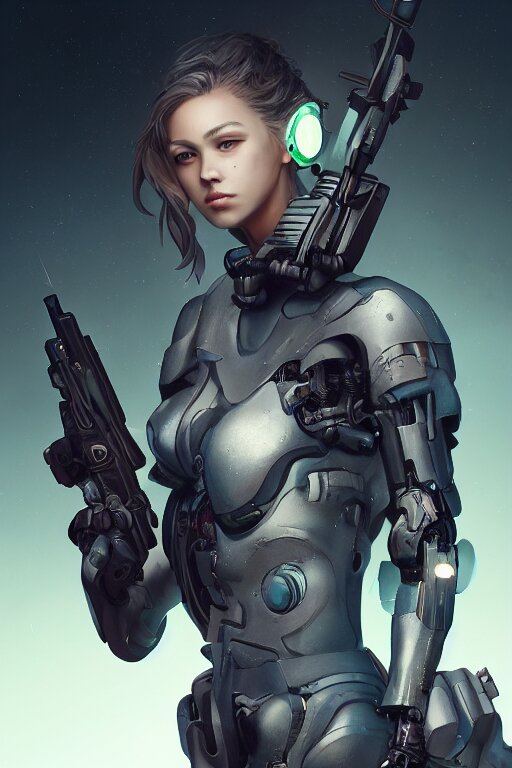 Lexica - Beautiful illustration of a cyborg mercenary girl holding a ...