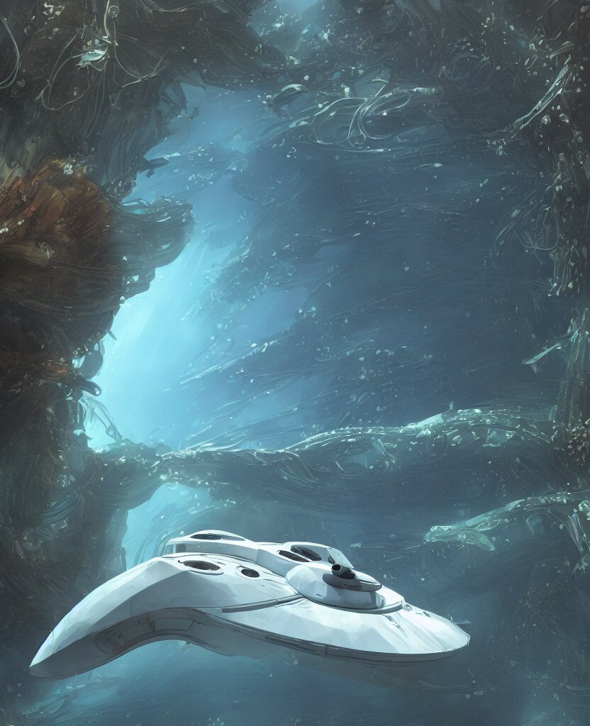 Lexica - White disc - shaped spacecraft submarine, fusion of subnautica ...