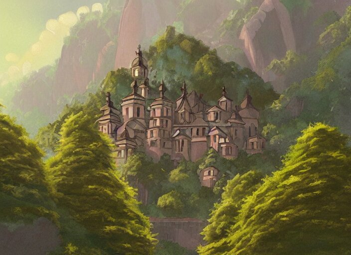 Lexica - View of a monastery on a forested mountain, in the style of ...
