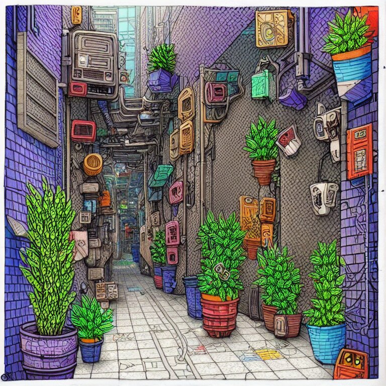 Lexica - An absurdly-detailed cyberpunk alleyway colored-pen drawing as ...