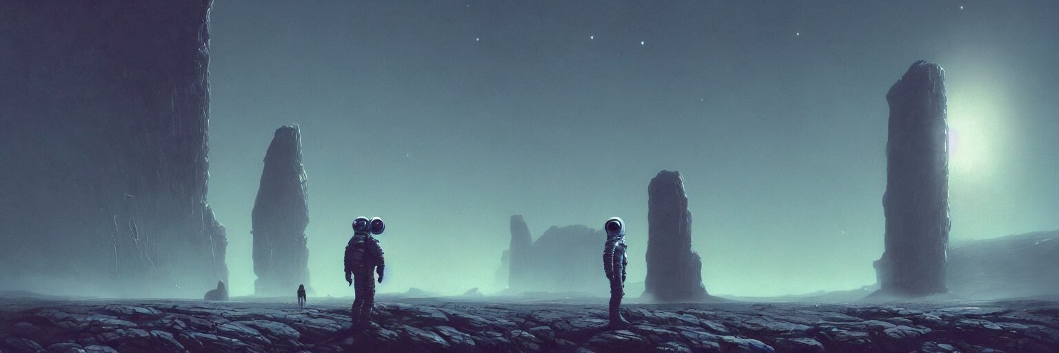 Lexica - A sci-fi cosmonaut standing in front of an epic colossal shiny ...