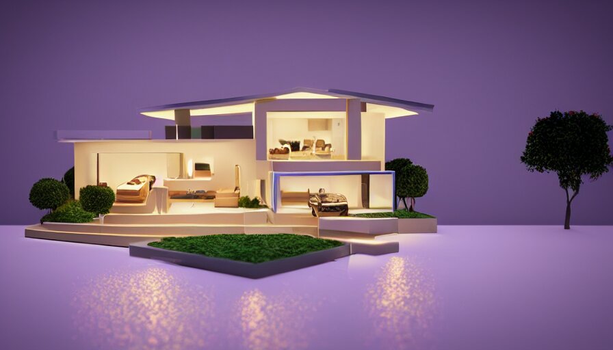 photorealistic claymation art of a modern house on top of a floa ...