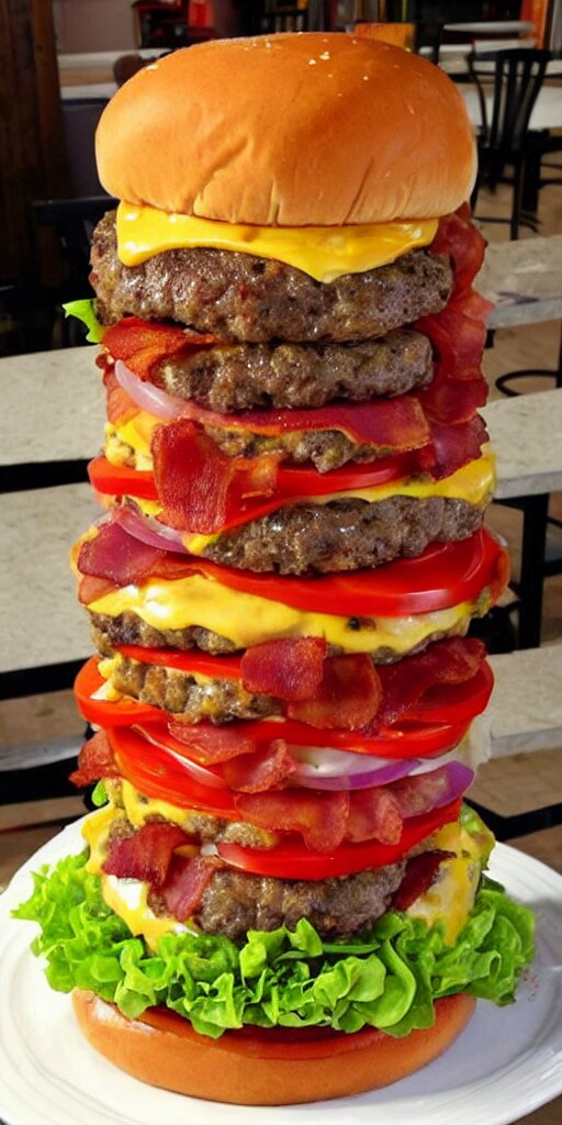 Lexica - A cheeseburger tower made of gigantic stacks of meat patties ...