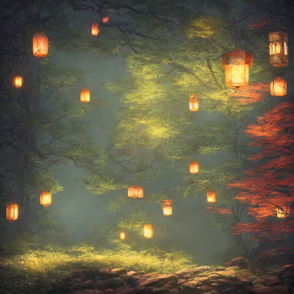 Lexica - Japanese forest at night, lanterns, highly detailed, dreamlike ...