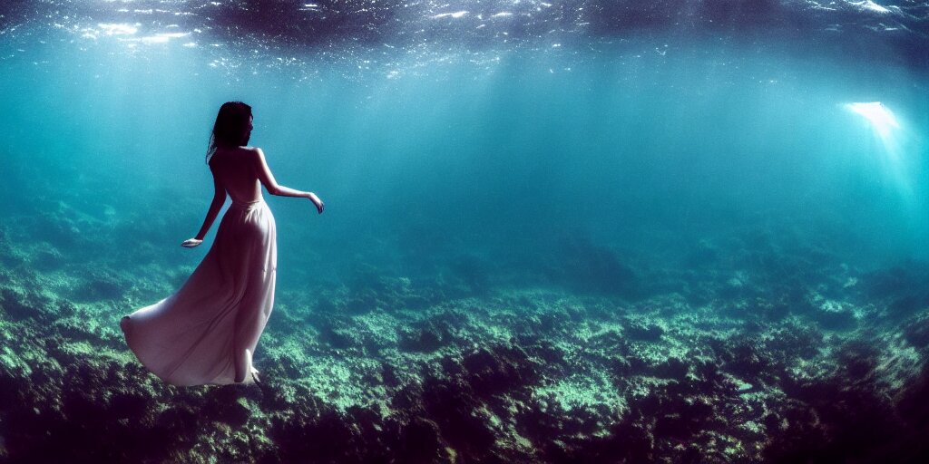 deep underwater photography of beautiful model in flat dress con ...