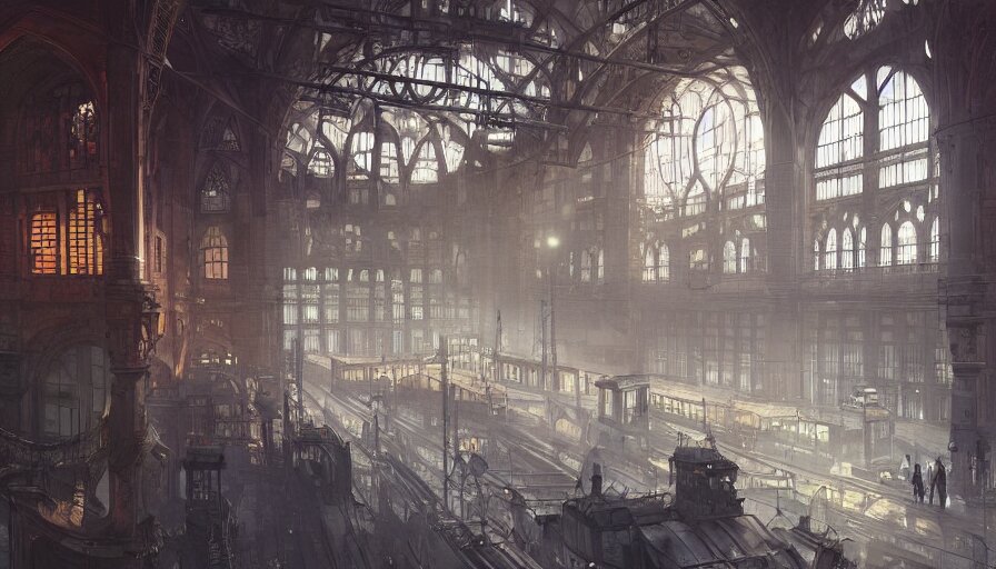 Lexica - Railway station in a Dieselpunk city, steam, large stained ...