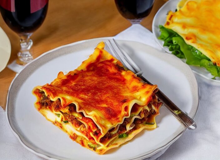 a mouth - watering image of a lasagne, with layers of pasta, veg ...