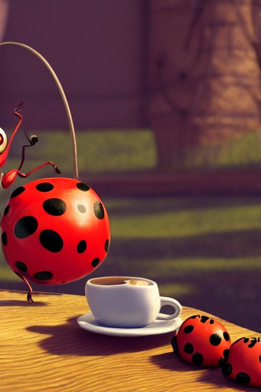 Lexica - A red ladybug with big eyes on side of a cup of coffee and a ...