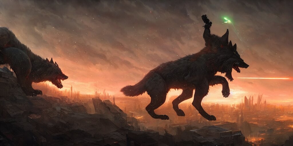 Lexica - A battle inside the city. Giant wolf is attacked by laser ...