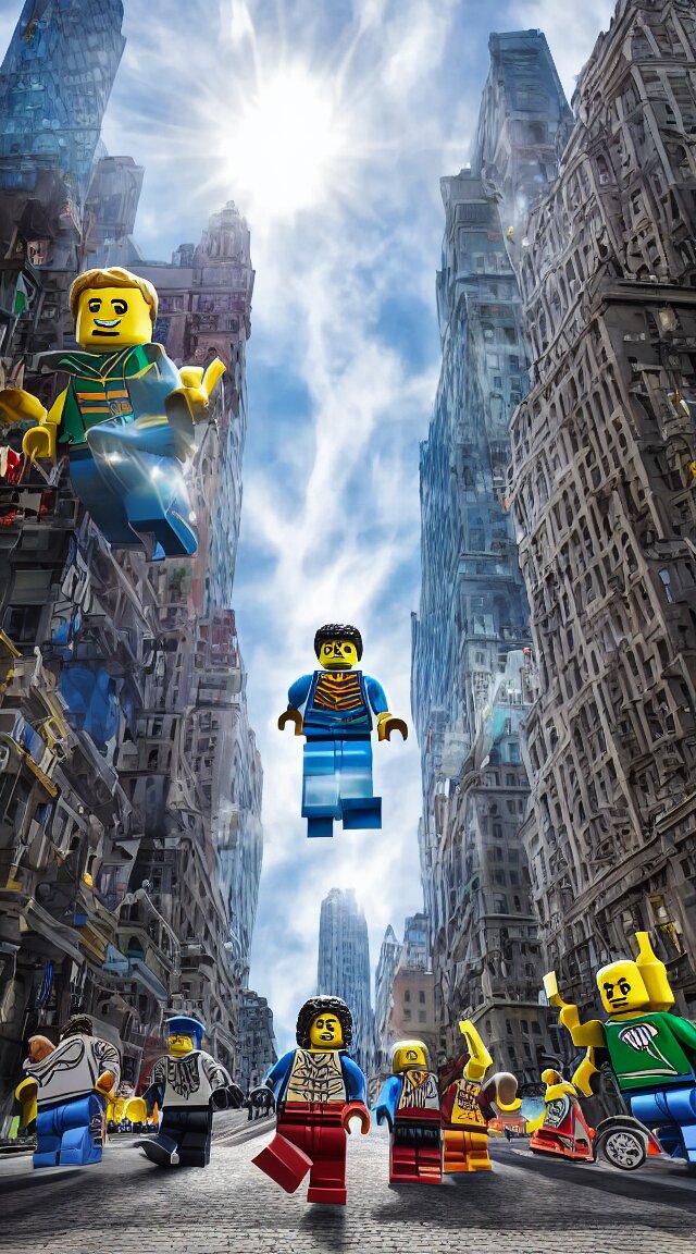 hyperrealistic giant enormous lego minifigure walking over city ...