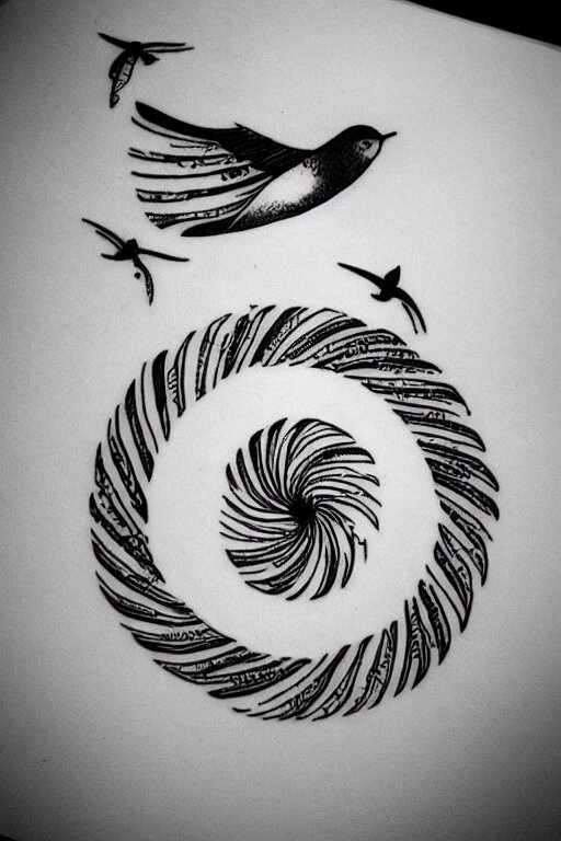 a simple tattoo design of birds flying in a 2 spiral, black ink ...