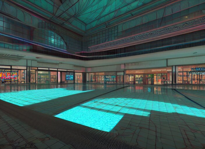 Lexica - Inside a massive pristine empty mall with a large swimming ...