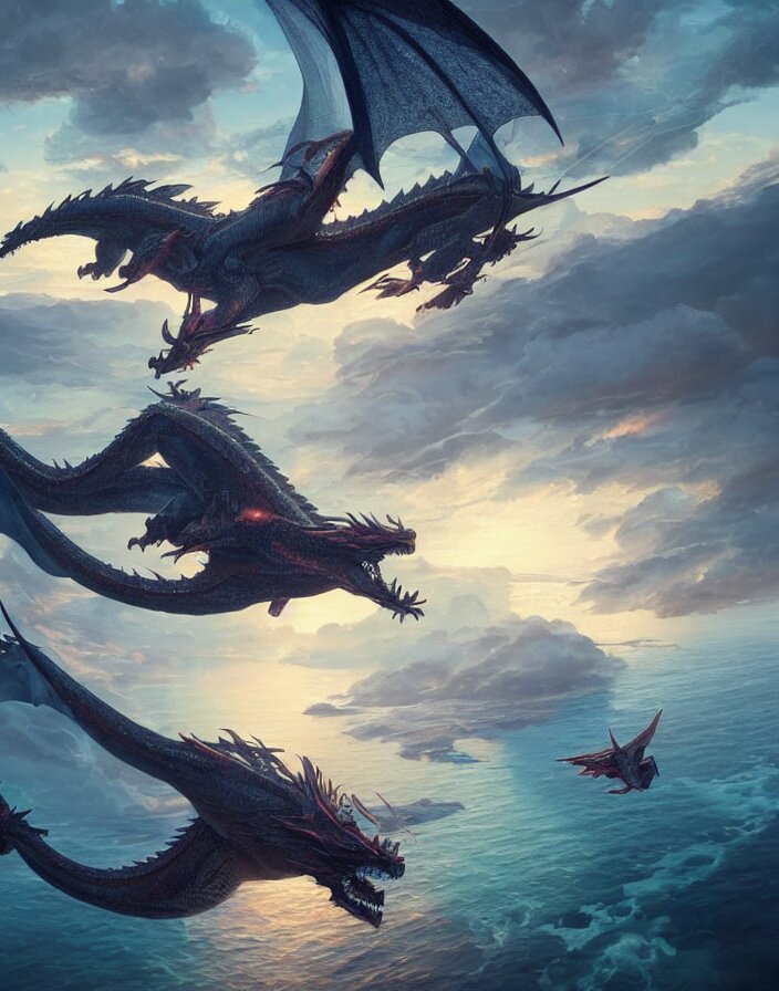 Lexica - Painting of dragon flying above a vast ocean, intricate ...