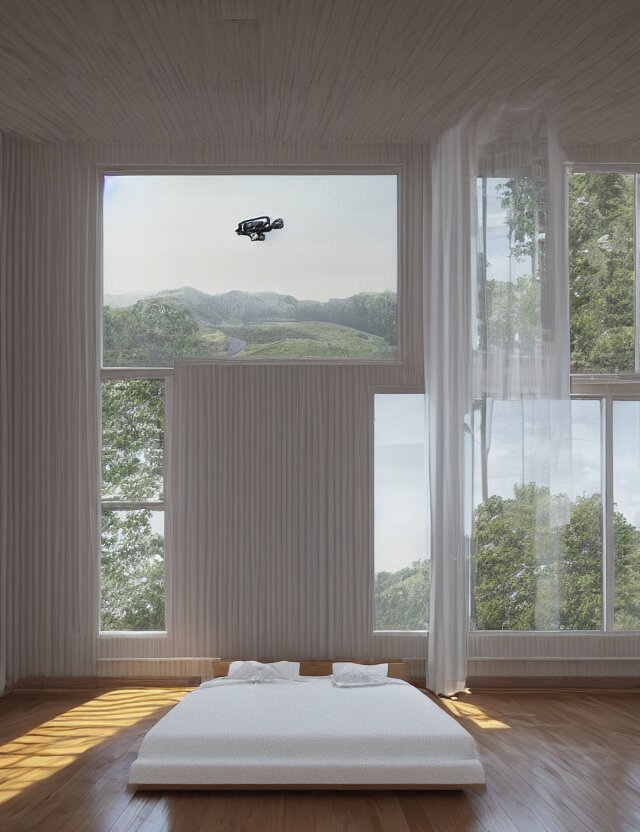 an ultra wide angle photo of a floating bed hovering above the f ...