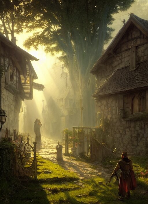 Lexica - Small poor medieval village, mist, sunrays, dust in the air ...