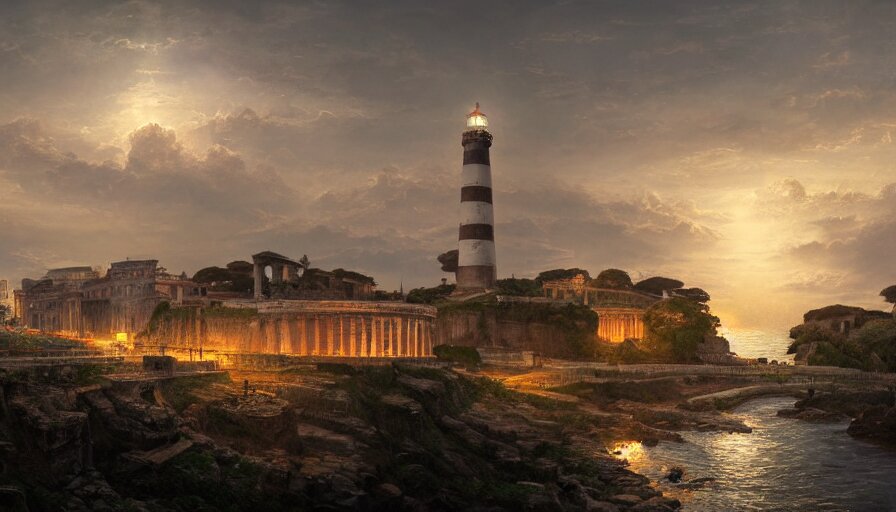 Lexica - Ancient city of Rome with a lighthouse near the shore and a ...