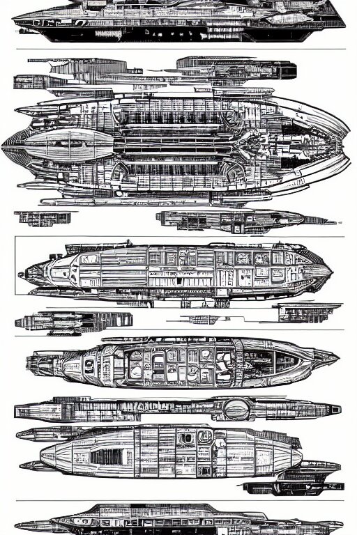 intricately detailed blueprint of a cruiser class spaceship by J ...