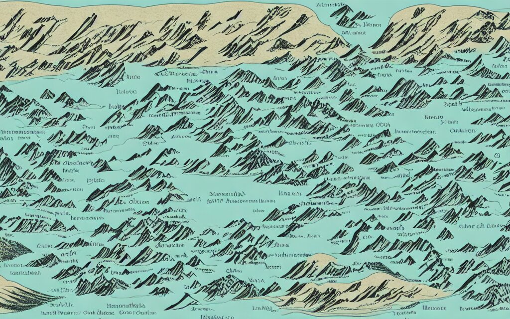 Lexica - Medieval map mountain ranges, rivers, lakes, cursive lettering ...