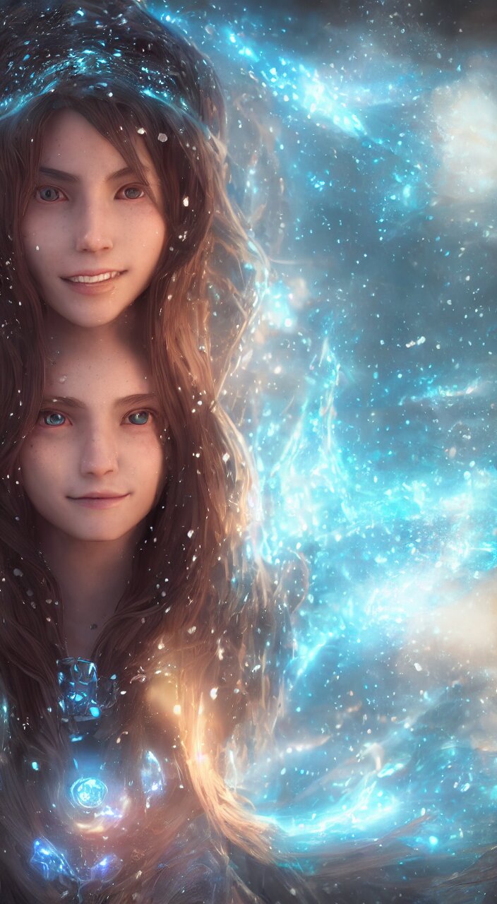 Teenage female Mage, outdoors lighting, astral background, symme ...