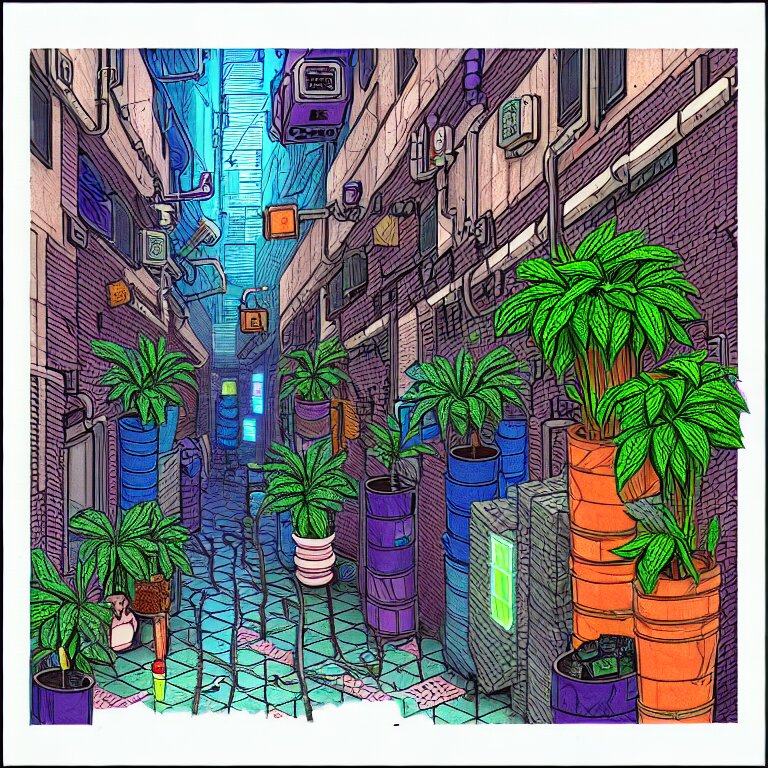 Lexica - An absurdly-detailed cyberpunk alleyway colored-pen drawing as ...