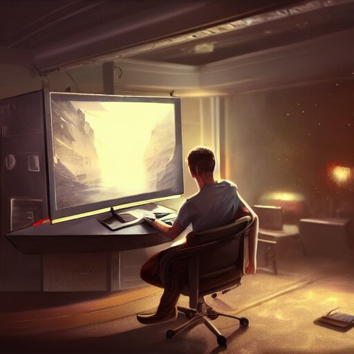 Lexica - Realistic successful man typing on laptop in gaming room ...