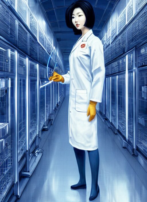Lexica - Beautiful asian girl, wearing lab coat, standing inside a ...